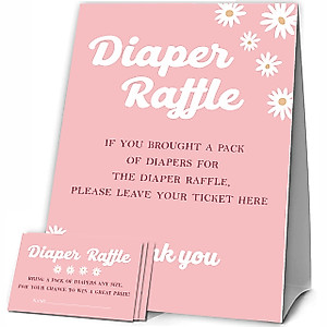 JCVUK Baby Shower Games, 1 Diaper Raffle Standing Sign with 50 Diaper Raffle Tickets, Boho Hippy Floral Daisy Theme Gender Reveal Party Decorations and Supplies For Boys or Girls(LBLK-A07)