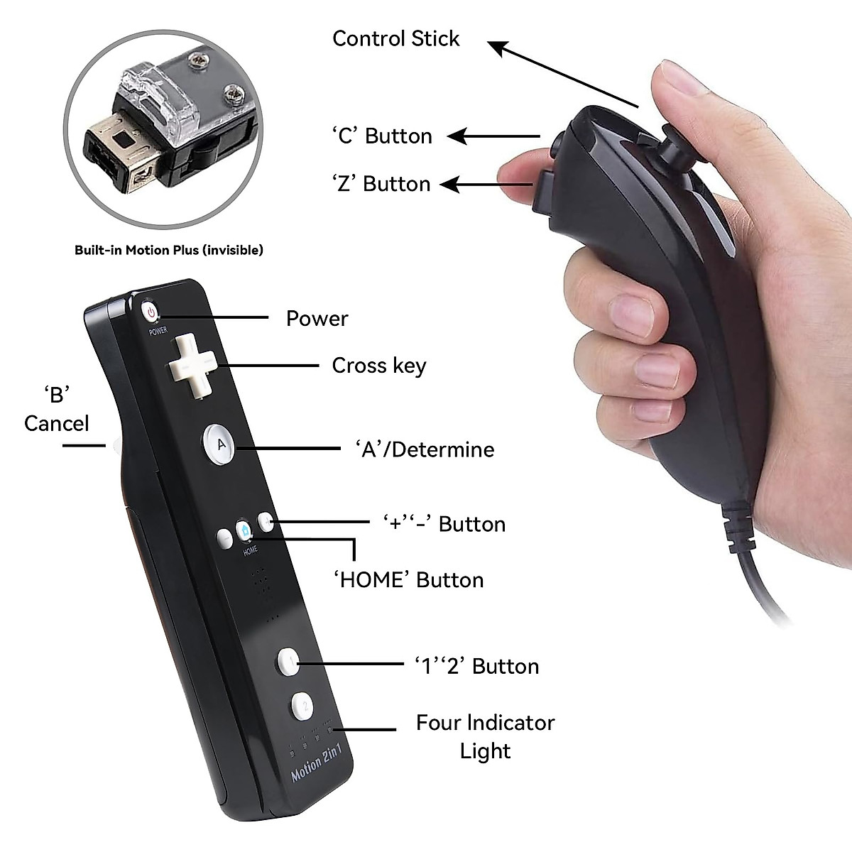 2 Pack Wii Remote with Wii Motion Plus Inside | Shock Wii Nunchuk Controller | Compatible Nintendo Wii, Wii U