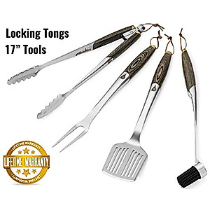 Grillaholics Premium BBQ Grill Tools - Luxury 4-Piece Barbecue Utensils Grill Set - Wooden Gift Box Includes Barbeque Tongs, Meat Fork, Grill Spatula & Basting Brush