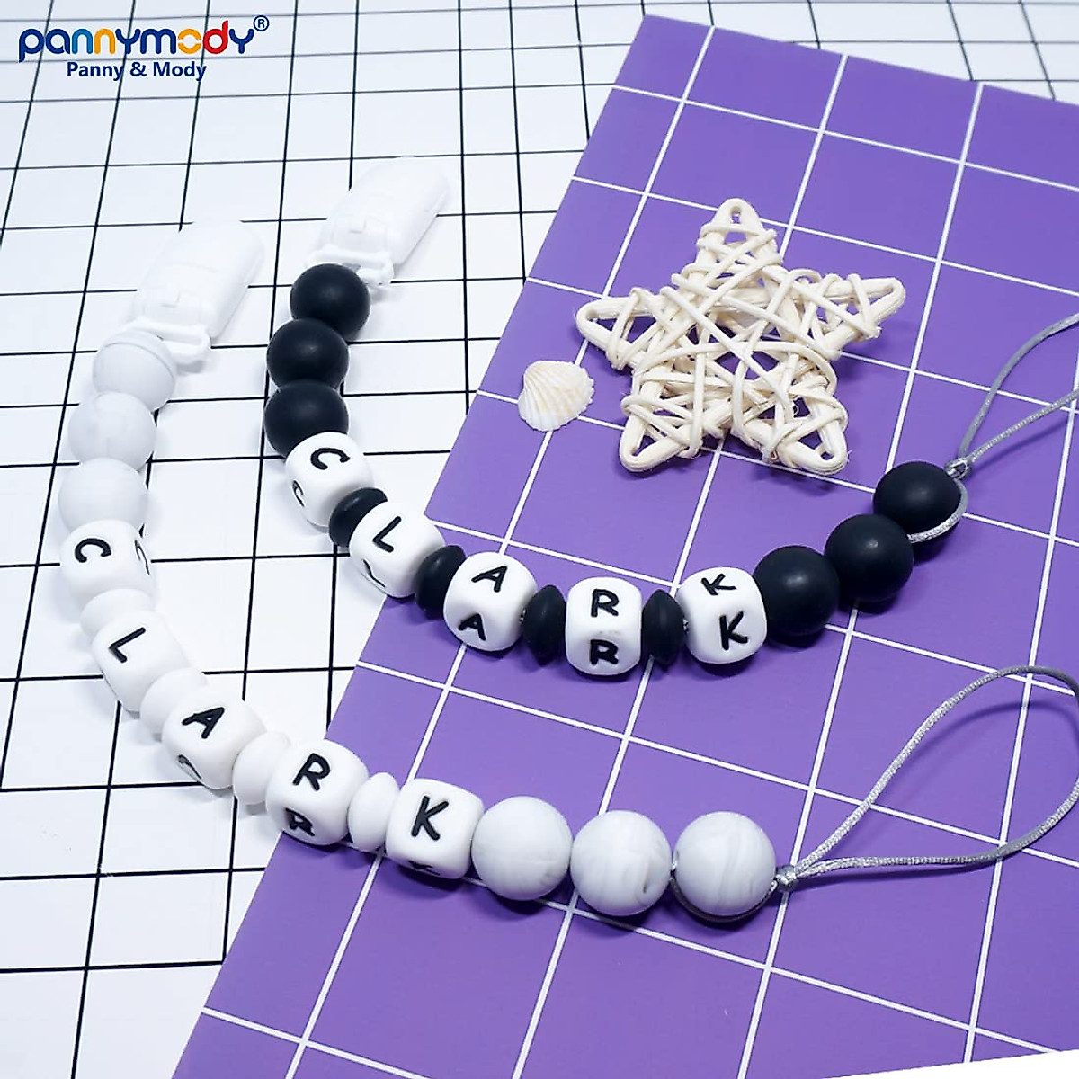 Pack of 2 Personalized Stroller Clip with Name(Black+Marble)