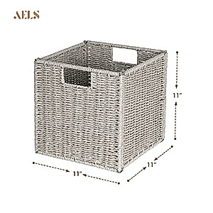 AELS Woven Baskets for Storage, Natural Hand-woven Storage Baskets for Organizing, Cubby Cubes Storage Bins for Shelves, 11" Modern Farmhouse Square Storage Cubes with Handles, Light Gray, 2 Pack