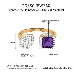 Natural Amethyst Open Cuff Ring with Halo, Toi Et Moi Engagement Jewelry for Women, 14K Yellow Gold, Size:US 6.50