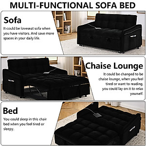 Keainvren Sleeper Sofa with Pocket Velvet Pull Out Sofa Bed with USB Charging Convertible Sofa Adjustable Backrest Loveseat Sofa Couch for Living Room, Office,Small Space (Black 5)