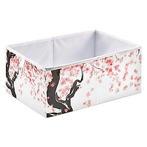 Poeticcity Red Pink Japanese Cherry Blossom Flowers Black Trunk on White Square Storage Basket Bin, Collapsible Storage Box, Foldable Nursery Baskets Organizer for Toy, Clothes Easy to Assemble