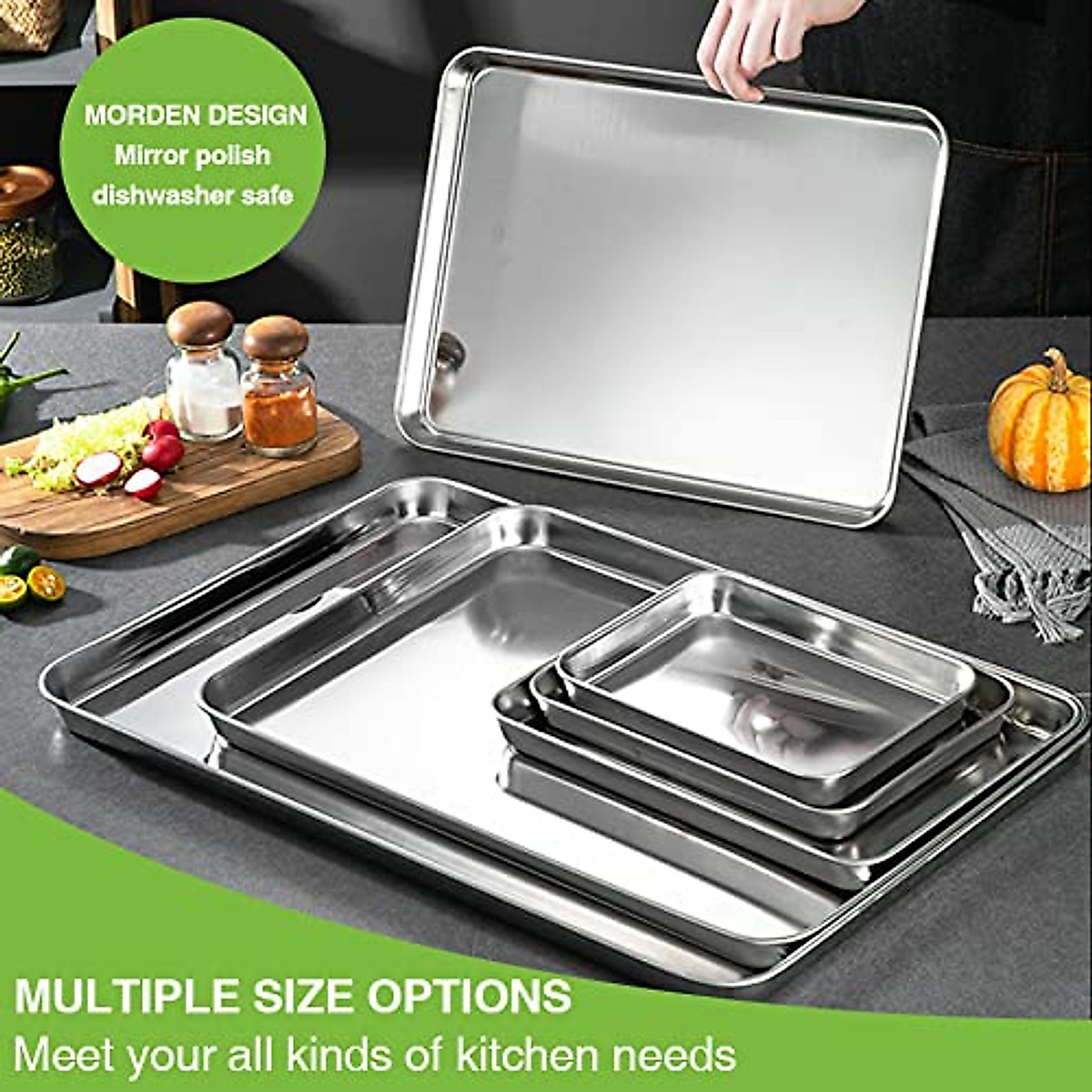 Baking Pans Sheet, 3 Piece Large Cookie Sheets Stainless Steel Baking Pan for Toaster Oven, Umite Chef Non Toxic Tray Pan, Mirror Finish, Easy Clean, Dishwasher Safe, 10 x 8 x 1 inch