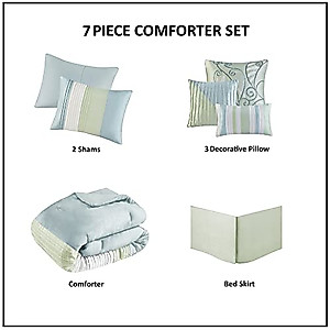 Madison Park Amherst Faux Silk Comforter Set-Casual Contemporary Design All Season Down Alternative Bedding, Matching Shams, Bedskirt, Decorative Pillows, King(104"x92"), Green, 7 Piece (MP10-847)