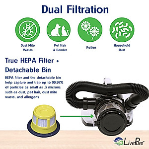 LivePure - Ultramite Handheld HEPA Filter Vacuum & Fabric Sanitizer - Dual Motor Brush, UVC Light, And Anti- Allergen Filter To Remove Dust Mites, Bacteria, Viruses