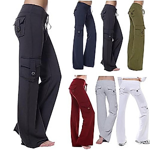 Xdegoge 2023 Cloths Women's Retro Cargo Pants Baggy Pants Wide Leg Yoga Elastic Waistband Multiple Pockets with Button Casual Trousers Cyber Sale Monday Deals