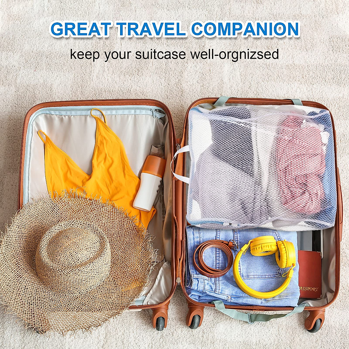 Fabbay 5 Pack Honeycomb Mesh Laundry Bag with Handle Wash Bag for Socks Washing Machine Large Opening Side Widening Zippered Mesh Sock Bag Lingerie Bag for Bra Items Travel Garment, 3 Sizes(Blue)