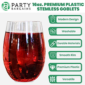 PARTY BARGAINS Stemless Goblet, 16 oz, Clear, 6 Pack, Heavy Duty Plastic Wine Glasses, Decorative Drinking Cups for Weddings, Baby Showers, Barware, Drinkware