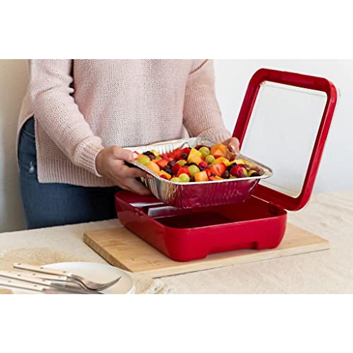 Fancy Panz Classic, Dress Up & Protect Your Foil Pan, Made in USA, Fits Half Size Foil Pans. Hot or Cold Food. Stackable for easy travel. (Red)