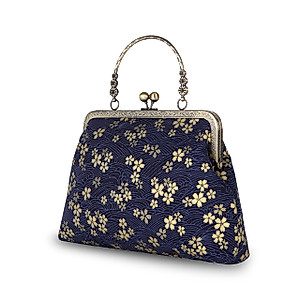 Abuyall Floral Top Handle Handbag Chain Strap Women Kiss Lock Canvas Frame Shoulder Bag Royal