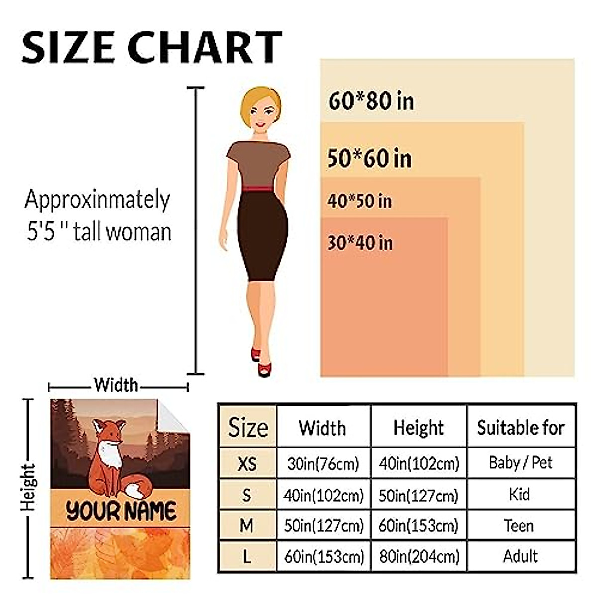 Custom Fox Blanket with Name for Girls & Boys - Soft, Fuzzy & Cozy - 40"x50" Crib Size Throw Blanket for Couch, Office - Orange Cute Warm Blankets Gifts