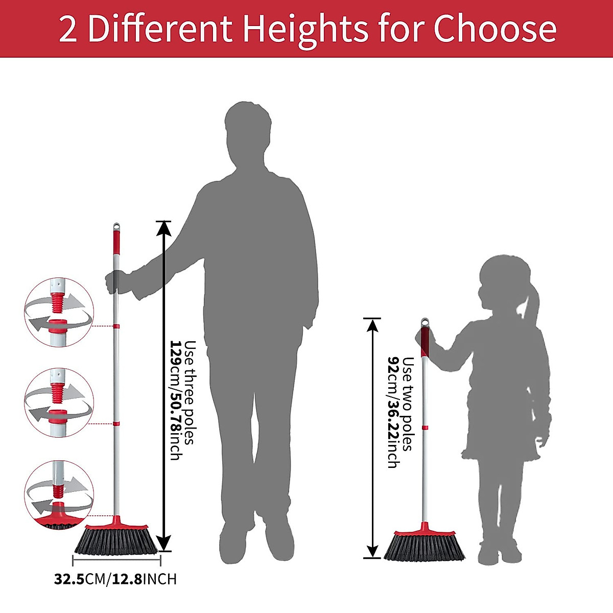 Heavy-Duty Broom Upgraded Double-Side Bristles Wide Angle Outdoor Brooms, 50.78” Adjustable Long Handle, Great for Garden Patio Kitchen Toilet Hair Sweeper