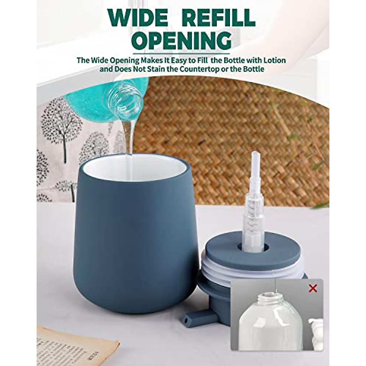 Bosilunlife Soap Dispenser Bathroom - Blue Ceramic Soap Dispenser Lotion Pump Dish Soap Dispenser for Kitchen Sink 12oz Refillable Liquid Hand Soap Dispenser for Bathroom (Rubber Paint)