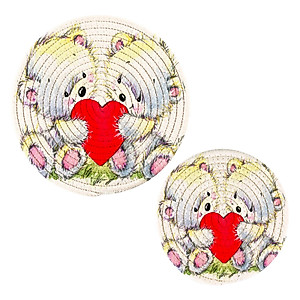 Kitchen Pot Holders Set 2 Pcs Valentine Day Teddy Bear Congratulation Festive Cotton Thread Weave Trivets Set Stylish Coasters for Hot Dishes Pot Bowl Coffee Hot Pot Holders
