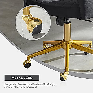 Kiztir Velvet Home Office Chair, Modern Swivel Desk Chair with Gold Base, Round Solid Wheel, Adjustable Vanity Chair for Study, Living Room, Bedroom (Black)