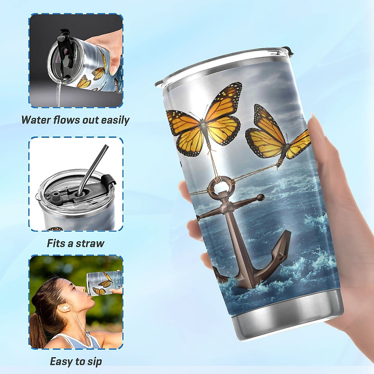 Monarch Butterflies Stainless Steel Tumbler Anchor Insulated Coffee Cups with Lid and Straw Travel Mug for Hot and Cold Drinks 20oz