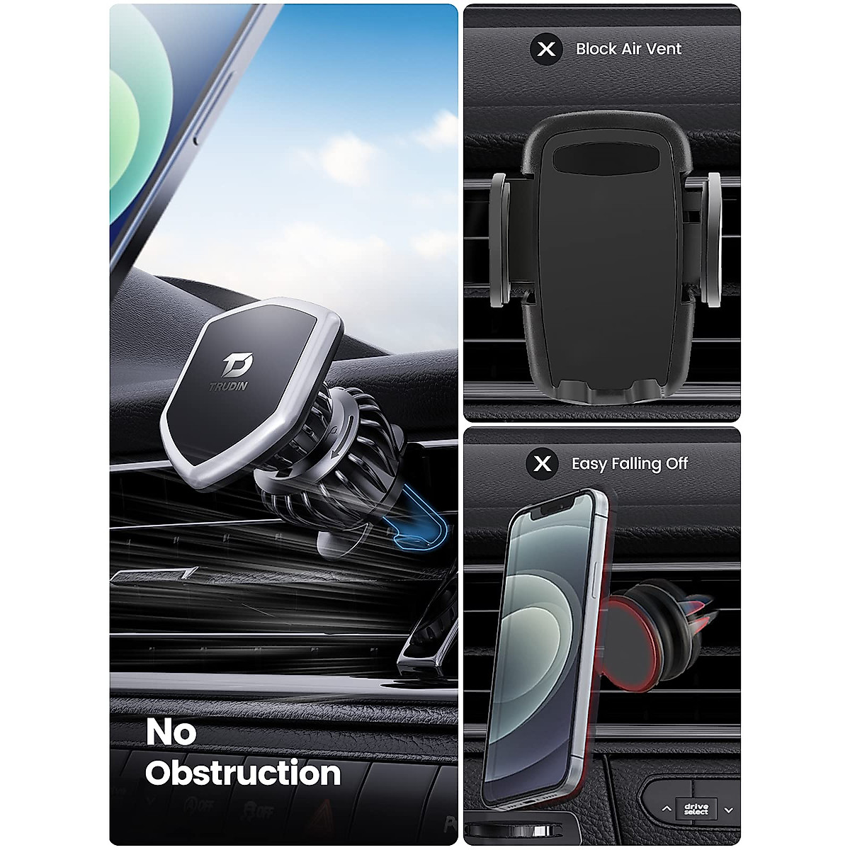 TRUDIN Magnetic Phone Holder for Car 2022 Upgraded,【Ultra Sturdy Vent Hook】 Hands-Free Car Phone Holder Mount【Sharp Turns & Bumpy Roads Friendly】 Compatible with iPhone, Samsung, All Smartphones