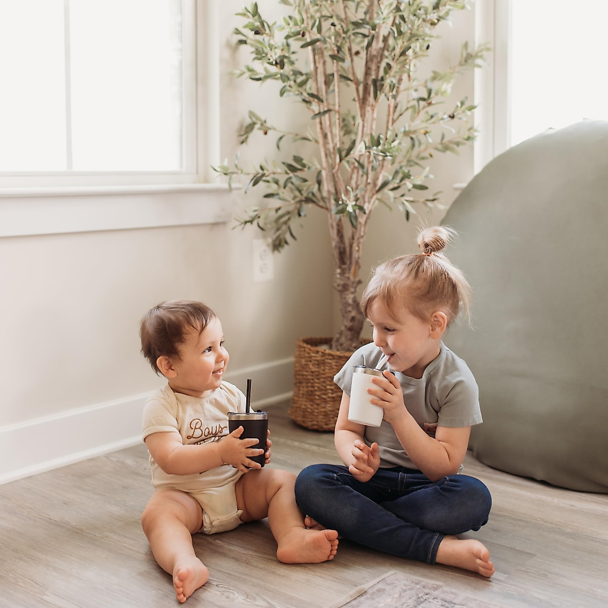 CUPKIN Stackable Stainless Steel Kids Cup Smoothie Tumbler, Powder Coated Insulated Tumblers, BPA Free Lid and Silicone Straw 8 Fl Oz (Pack of 1), Black