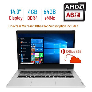 Lenovo IdeaPad 14.0-inch Laptop PC, 7th Gen AMD A6-9220e up to 2.4GHz, 4GB RAM, 64GB Flash Storage, HDMI, WiFi, Bluetooth, AMD Radeon R4, One-Year Office 365 Included, Up to 8Hrs Battery, Windows 10