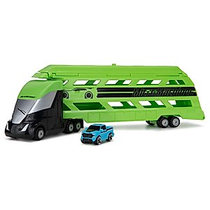 Micro Machines Mini Vehicle Hauler in Green - Includes One Exclusive MM Car - Open The Top of The Trailer/Lower The Back Ramp, Load Up to Eight Cars - Collect Them All