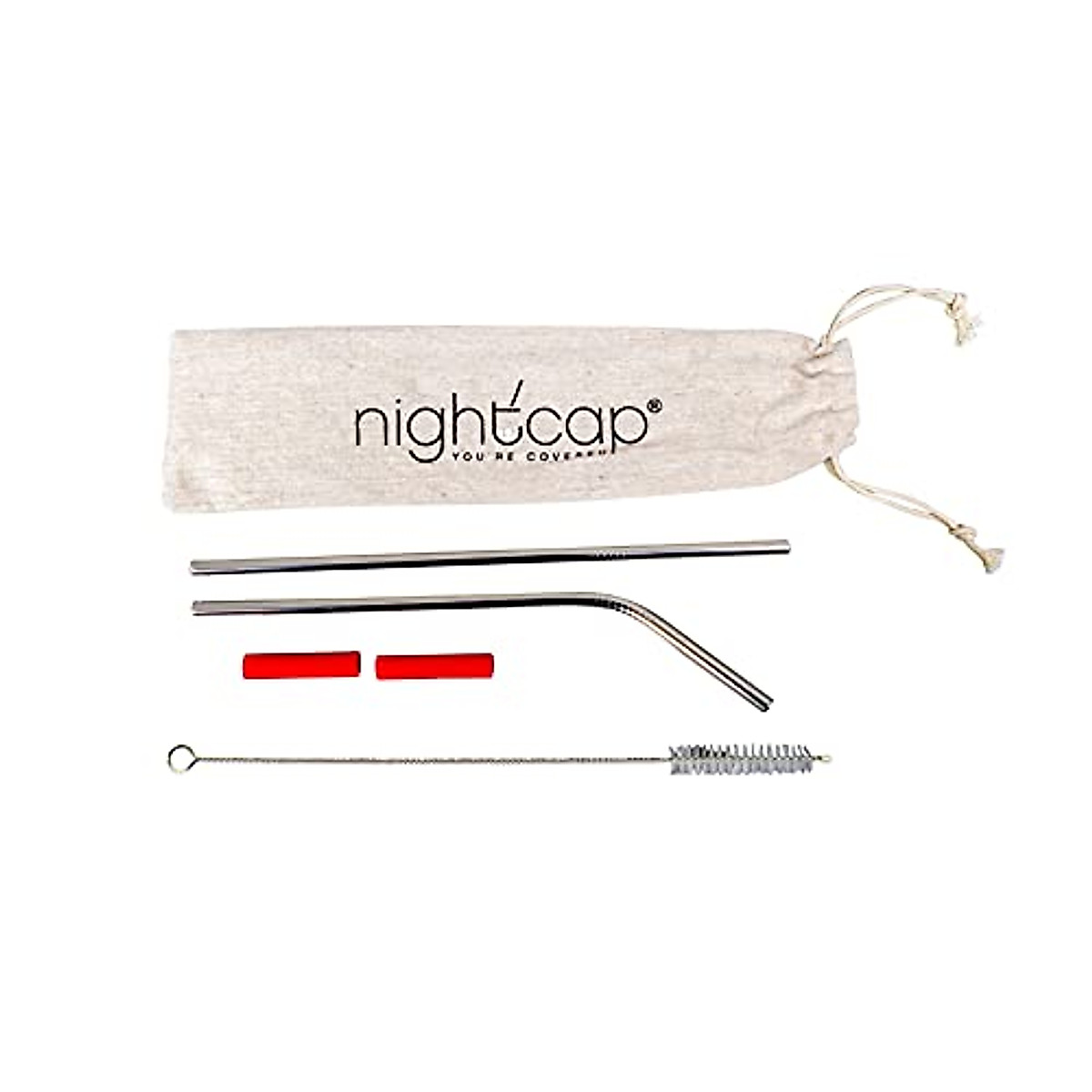 NightCap Straw Kit - The Eco Friendly Complement to Your NightCap with 2 Reusable Stainless Steel Straws, Straw Brush, Carrying Pouch, and 2 Silicone Tips - Ideal Drinking Straws for Home and Travel
