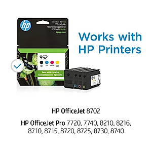 Original HP 952 Black, Cyan, Magenta, Yellow Ink Cartridges (4 Count -pack of 1) |Works with HP OfficeJet 8702,OfficeJet Pro 7720,7740,8210,8710,8720,8730, 8740 Series|Eligible for Instant Ink|X4E07AN