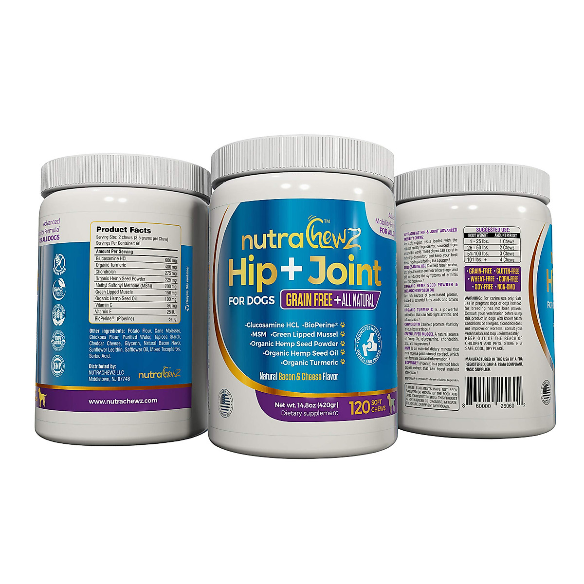NUTRACHEWZ Grain Free Hip & Joint Supplement for Dogs with Organic Hemp Oil, Glucosamine Chondroitin, Turmeric, MSM, Green Lipped Mussel for Arthritis, Pain Relief, Mobility All Natural - 120 Chews