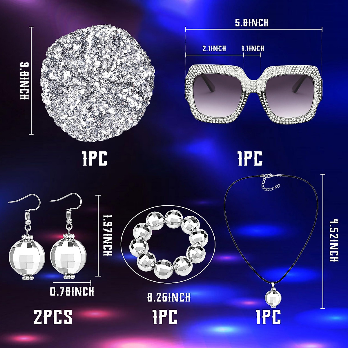 LaVenty Disco Ball Hat Disco Ball Headbands Silver Beret Hat Glasses Disco Ball Earring Necklace 1970s Vintage Disco Ball Headpieces Party Costume