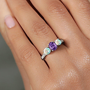 Gem Stone King 925 Sterling Silver Purple Amethyst and White Simulated Opal Women Ring (1.88 Ct Oval Gemstone Birthstone) (Size 9)
