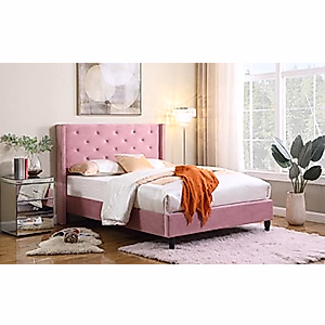 Oliver & Smith Astor - Upholstered 51" Tall Headboard Tufted Suede Velour Platform Bed/Mattress Foundation/Wood Slat Support/No Box Spring Needed/Easy Assembly/Pink/Full