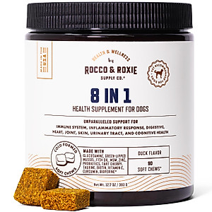 Rocco & Roxie 8 in 1 Dog Vitamins and Supplements, Glucosamine, Green Lipped Mussel Hip and Joint, Probiotics Digestive Health, Immune Skin and Coat, Puppy to Senior Chewable Multivitamin, 90 ct chews