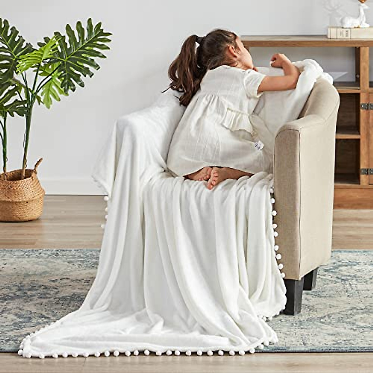 BEAUTEX Fleece Throw Blanket with Pompom Fringe, White Flannel Blankets and Throws for Couch, Super Soft Cozy Lightweight Plush Throw Blanket (50" x 60")