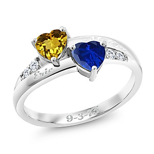 Gem Stone King 925 Sterling Silver Customized and Personalized 2-Stone Heart Shape Gemstone Birthstone and Lab Grown Diamond Custom Lazer Engraving Ring For Women (Size 7)
