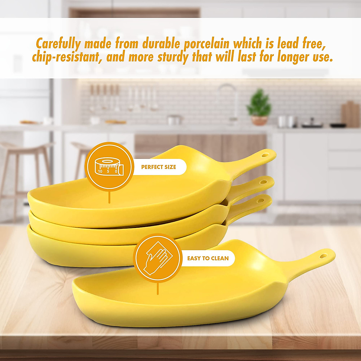 Bruntmor Pre-Seasoned 5" Matte Ceramic Cast iron Skillet Look Serving dessert Appetizer Plates, Dishwasher and Oven Safe, Dinner Set of Skillet - Set of 4 (Yellow)