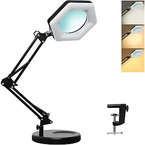 Psiven Magnifying Glass with Light and Stand, Dimmable LED Magnifier Desk Lamp with Clamp, 3 Color Modes, Hands Free Magnifying Lights for Close Work, Repair, Swing Arm Magnifying Work Light with Base