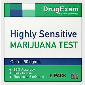5 Pack - DrugExam Made in USA Highly Sensitive Marijuana THC Testing Drug Test Strip Kit - Drug Test with 50 ng/mL Cutoff Level for Detecting Any Form of THC in Urine up to 35 Days. Urine Test Strips