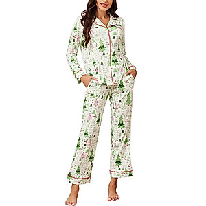 LUBOT Christmas Pajamas 100% Cotton Pajama for Women Soft Button-Down Long Sleeve Xmas 2 piece PJ Sleepwear Loungewear (Christmas Tree,M)