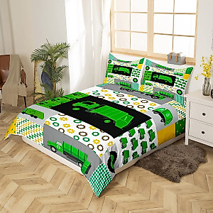 Green Garbage Truck Comforter Cover Powered Waste Management Recycling Truck Duvet Cover for Kids Boys Girls Car Room Decor Bedclothes Full Size (No Comforter)