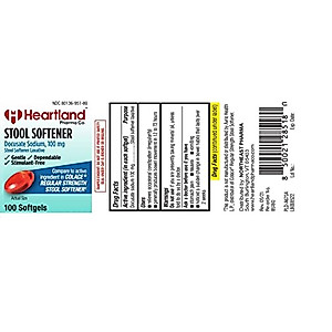 Heartland Pharma Docusate Sodium 100mg Laxatives Stool Softener Softgel - Regular Strength Stool Softener - Actual Size - Gentle, Dependable, and Stimulant-Free - (100 Count)
