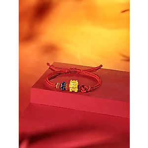 ZHOU LIU FU 24K Solid Gold Bracelet for Women, Real Pure Gold Jewelry Dainty Fortune Pixiu Ball Dragon Turtle Adjustable Red Black Braided Bracelet for Men Girlfriend
