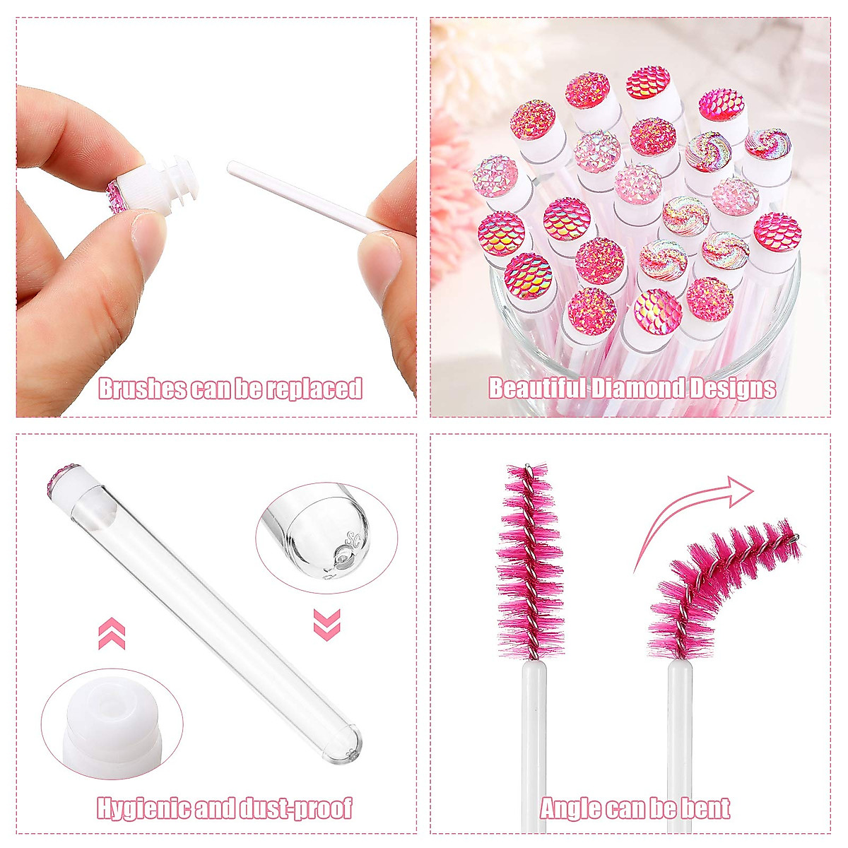 80 Pieces Disposable Mascara Brushes Tubes Set, 40 Diamond Empty Mascara Wand Tube with 40 Eyelash Brush Spoolies Makeup Tool for Eyelash Extension(Pink)