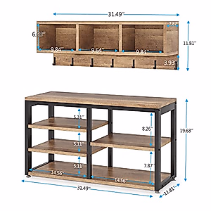 Tribesigns Coat Rack Shoe Bench Set, Hall Tree with Shoe Bench, Industrial Shoe Rack Bench with Coat Rack, 3 Storage Cubbies, 7 Hooks for Entryway, Hallway, 5-in-1Design, Vintage Oak