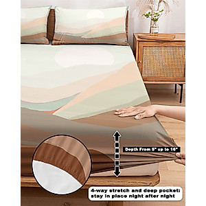 Abstract Painting Mountain Scene Fitted Bed Sheets Full Size Fit 5-16inch Deep Pockets,Luxury Bottom Sheet Bedding Set with Pillow Case,Minimalist Natural Hill Sunset Fitted Sheet for Mattress