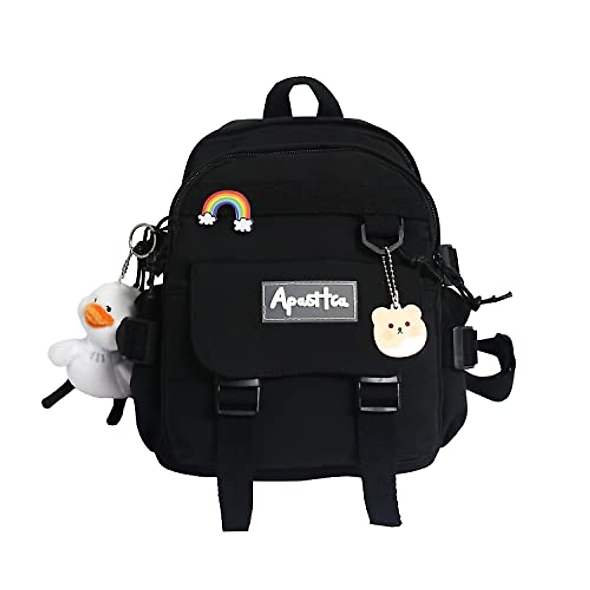 Kawaii Backpack Teen Girls Bag Waterproof Nylon with Cute Pendant and Pin Mini Shoulder Bag (Black)