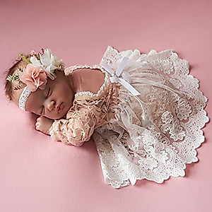 Zeroest Newborn Photography Outfits Girl Lace Romper Newborn Photography Props Rompers Baby Girls Skirt Photoshoot 3PCS (Peach-Long Sleeve)