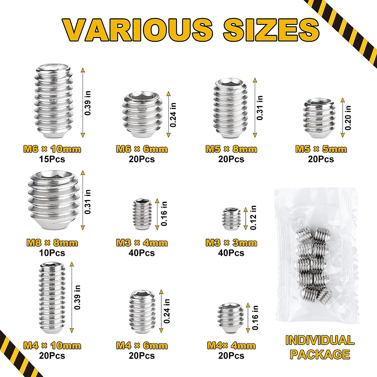 TOTFSTNR 230Pcs 304 Stainless Steel Socket Set Screws Assortment Kit, M3 M4 M5 M6 M8 Grub Screws with Hexagon Socket, Hex Allen Head Screw Set Kit for Door Handles, Light Fixture (Metric)
