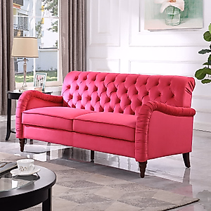 Yoglad Chesterfield-Styled 3 Seater Sofa Couch, Modern 72" Velvet Sofa with Button Tufting, Unique Arm and Wood Legs,Rose Red