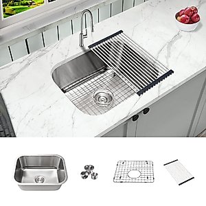 KABCO 23 Inch Single Bowl Stainless Steel Classic Kitchen Bar Sink, Rust, Sound and Heatproof Swirl Finish Stainless Steel Deep Sink with Kitchen Sink Strainer, Bottom Sink Grid and a Rolling Up Grid